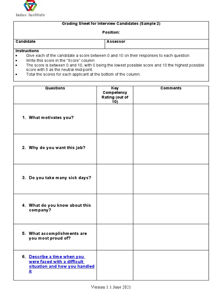 What Motivates You?: Grading Sheet For Interview Candidates (Sample 2 ...