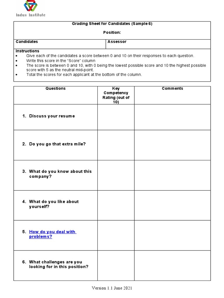 Discuss Your Resume: Grading Sheet For Candidates (Sample 6) Position ...
