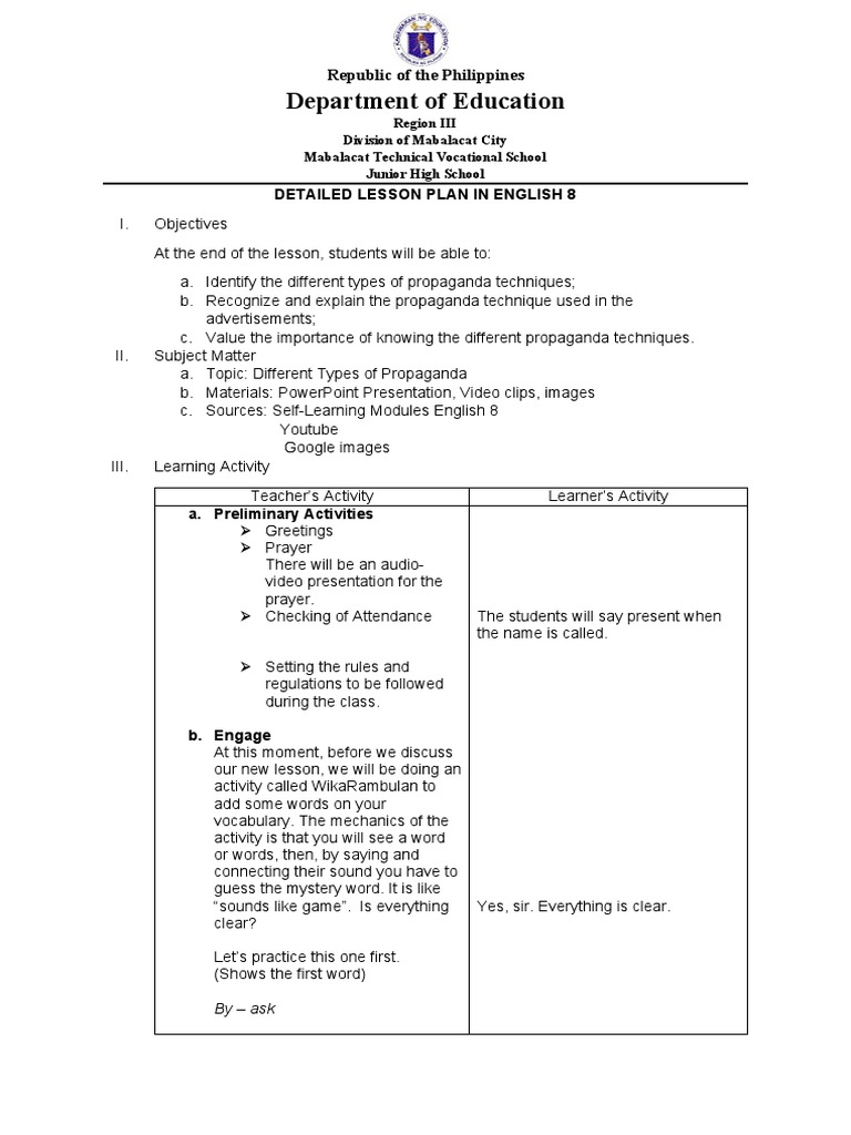 Grade 8 Lesson Plan: Propaganda Techniques | PDF | Propaganda | Advertising