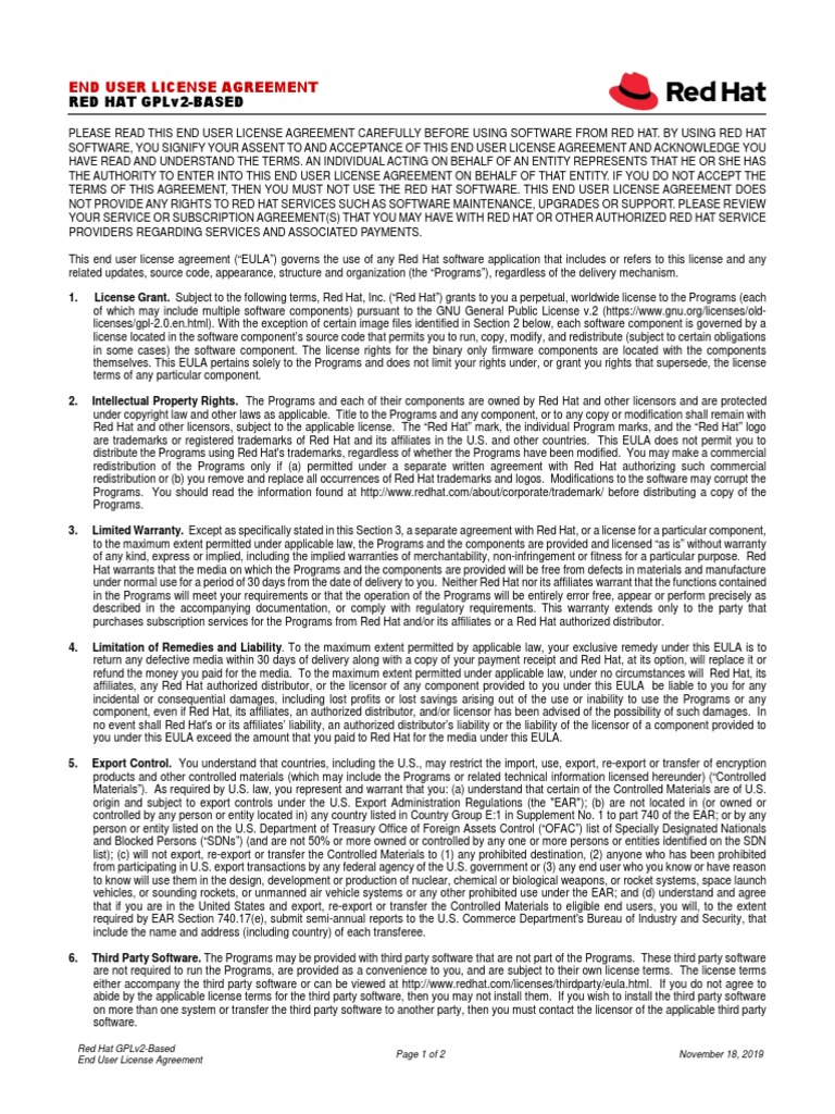 Red Hat Gplv2-Based: End User License Agreement | PDF | License | Trademark