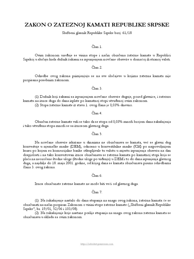 Zakon o Zateznoj Kamati Republike Srpske | PDF