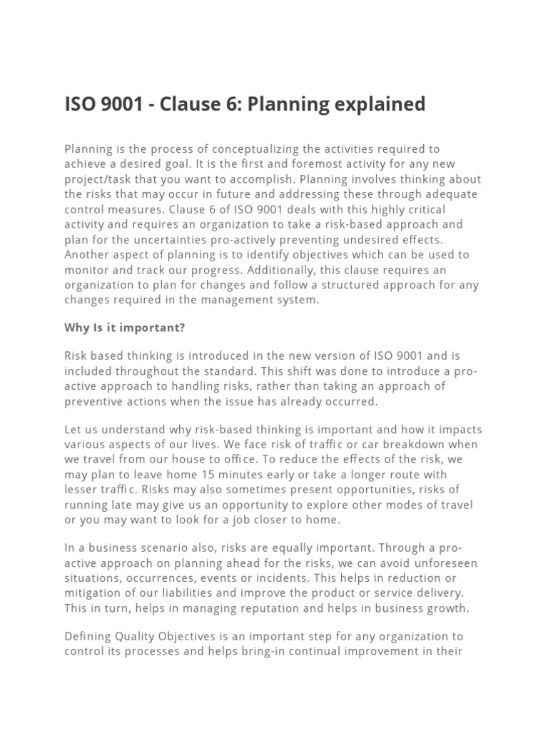 ISO 9001 - Clause 6 Planning Explained | PDF | Risk | Iso 9000