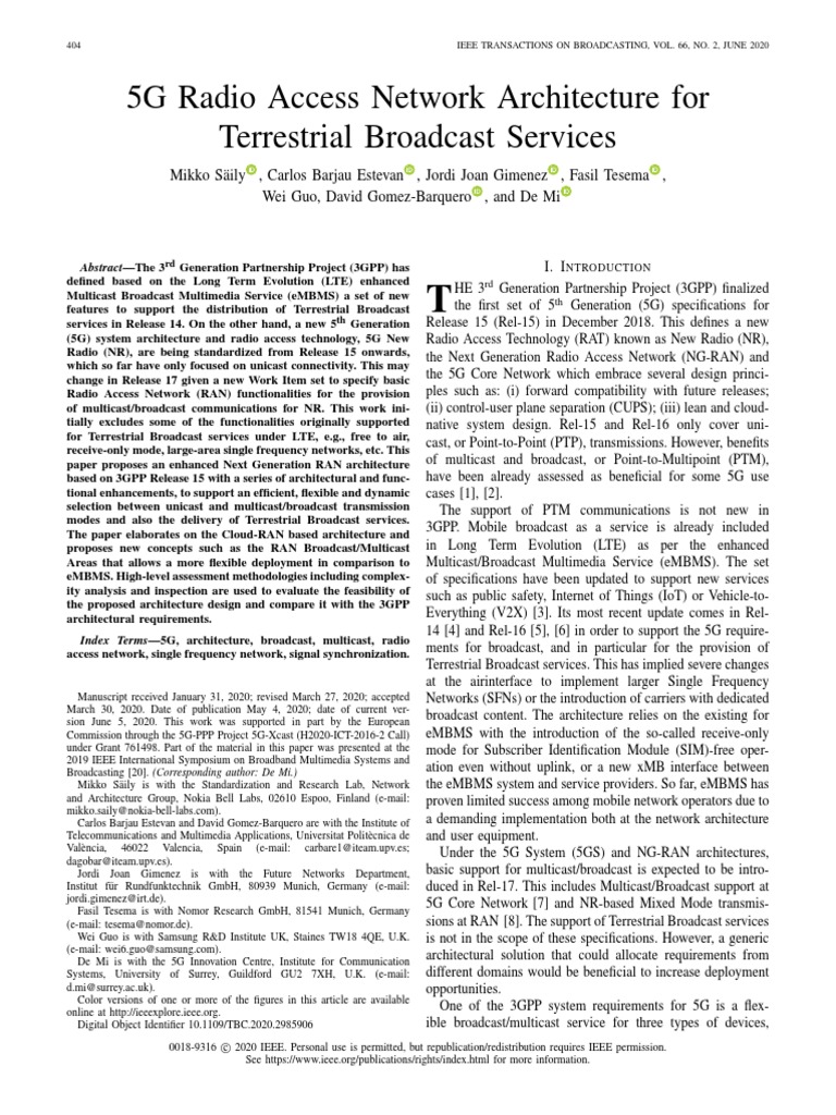 5G Radio Access Network Architecture For Terrestrial Broadcast Services ...