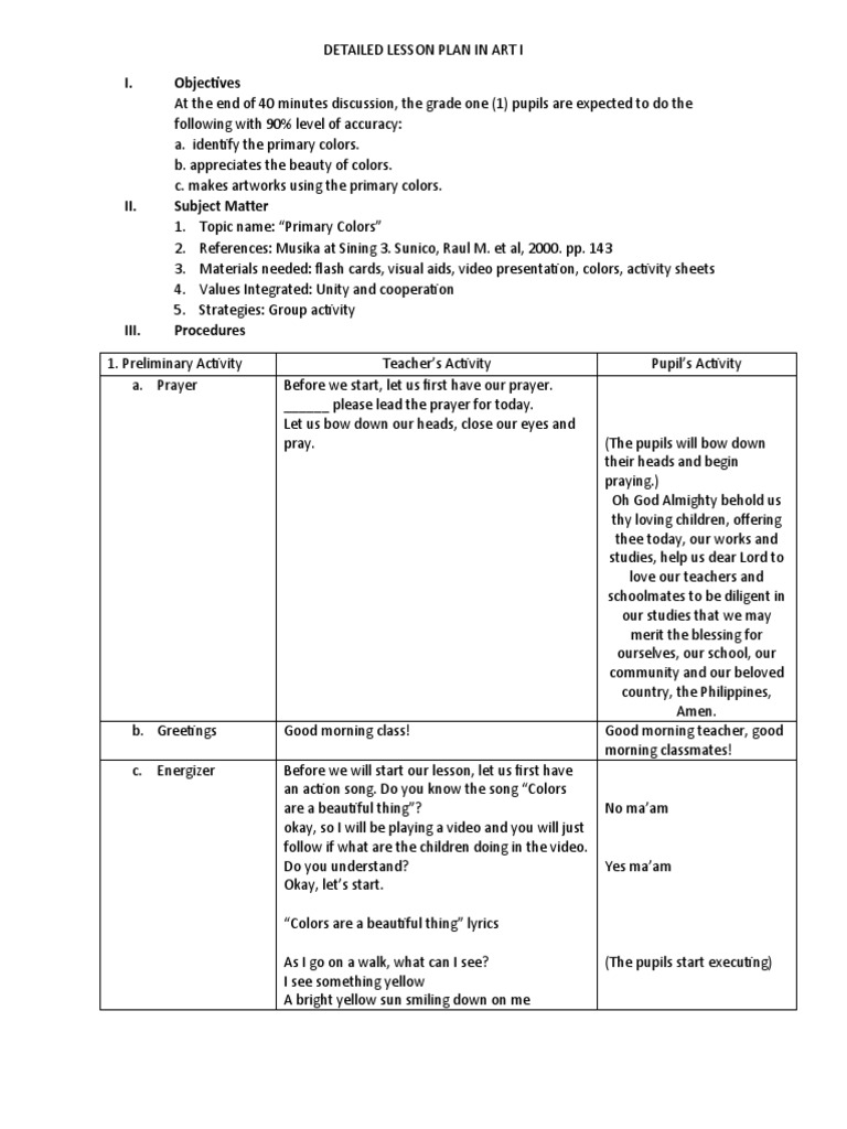 Art Lesson Plan - Primary Colors (Grade 1) | PDF | Color | Teachers
