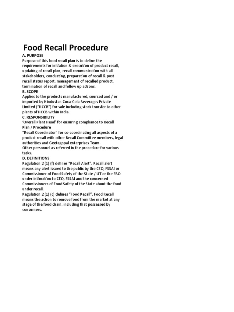 Food Recall Procedure: A. Purpose | PDF | Foods | Food Safety