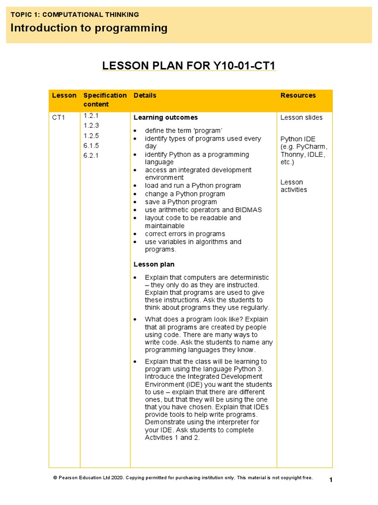 Introduction To Programming Lesson Plan For Y10-01-Ct1: Topic 1 ...