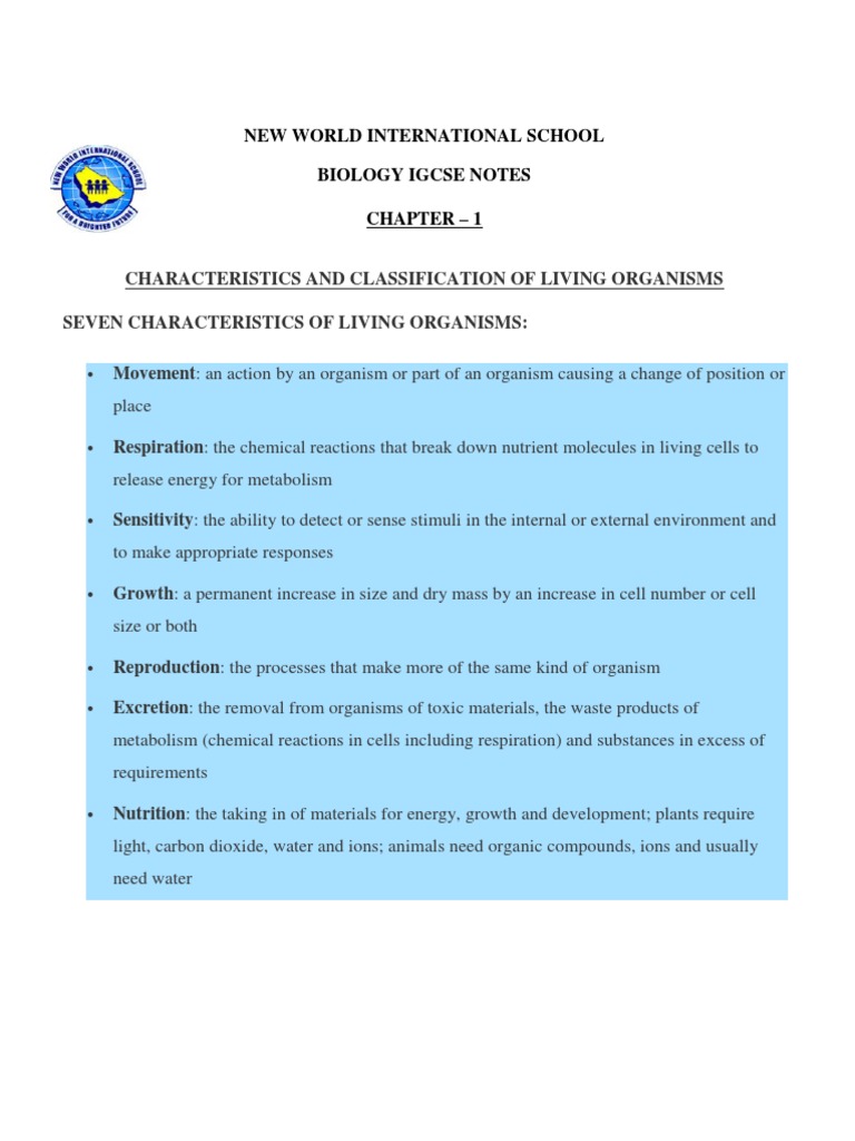 New World International School Biology Igcse Notes Chapter - 1 | PDF ...