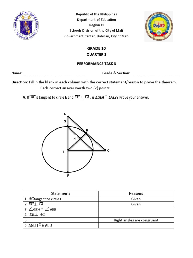Grade 10: Quarter 2 Performance Task 3 | PDF | Angle | Tangent