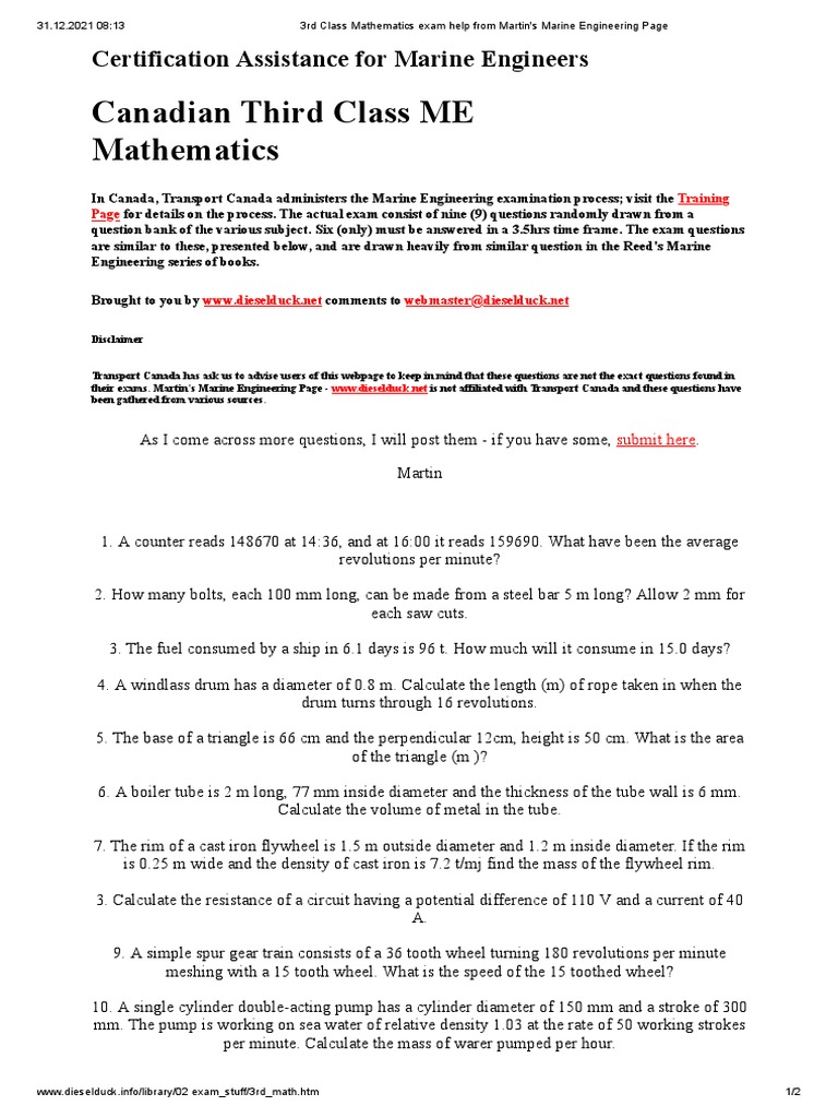 3rd Class Mathematics Exam Help From Martin's Marine Engineering Page ...