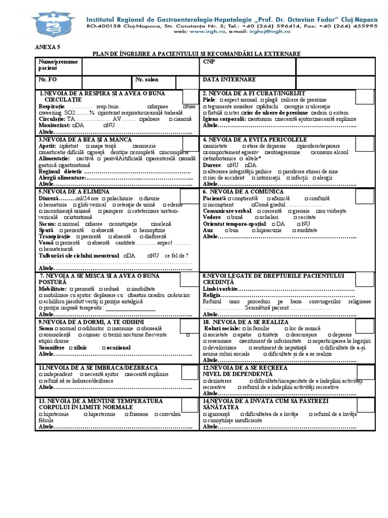 Anexa 5 - Plan de Ingrijire Si Recomandări La Externare | PDF