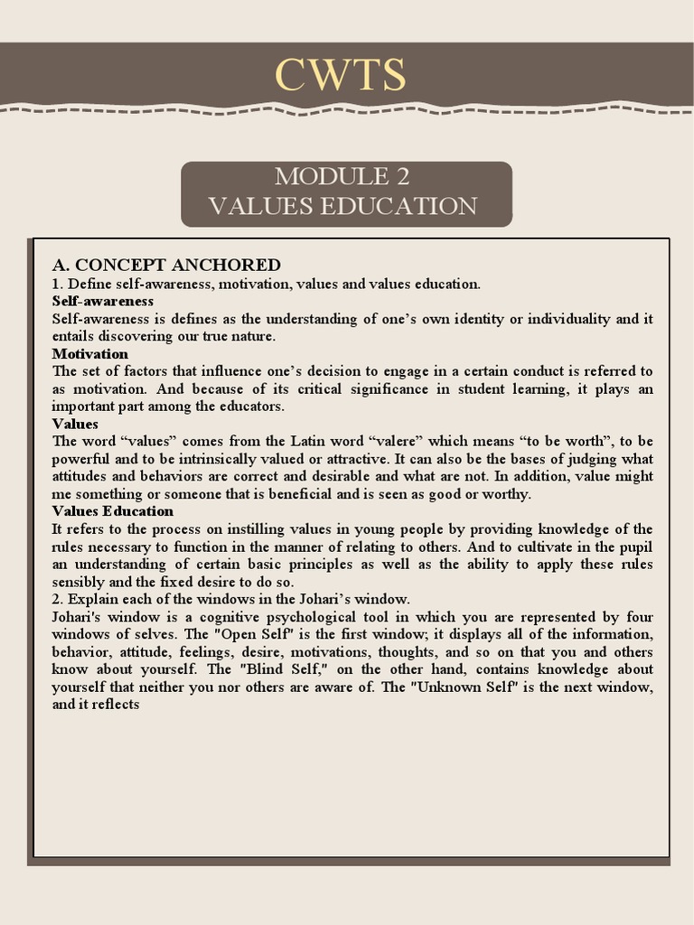 Values Education: A. Concept Anchored | PDF | Motivational | Motivation