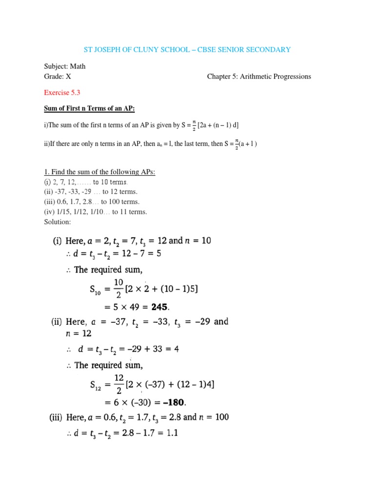 Subject: Math Grade: X Chapter 5: Arithmetic Progressions | PDF ...