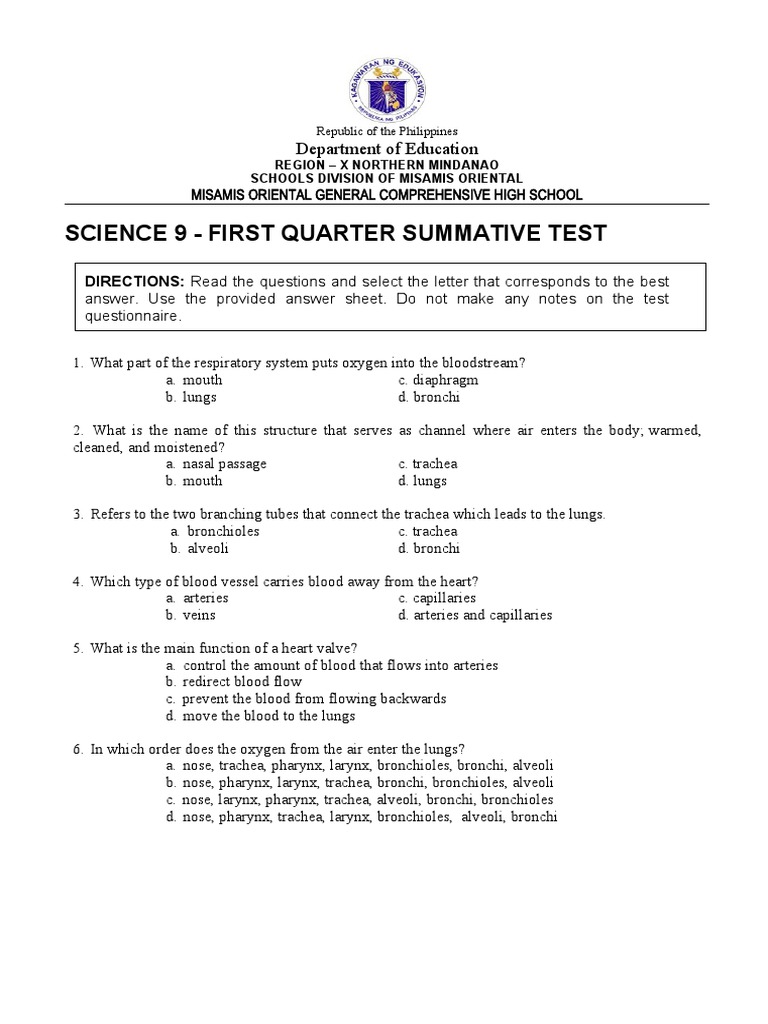 Science 9 - First Quarter Summative Test: Department of Education | PDF ...