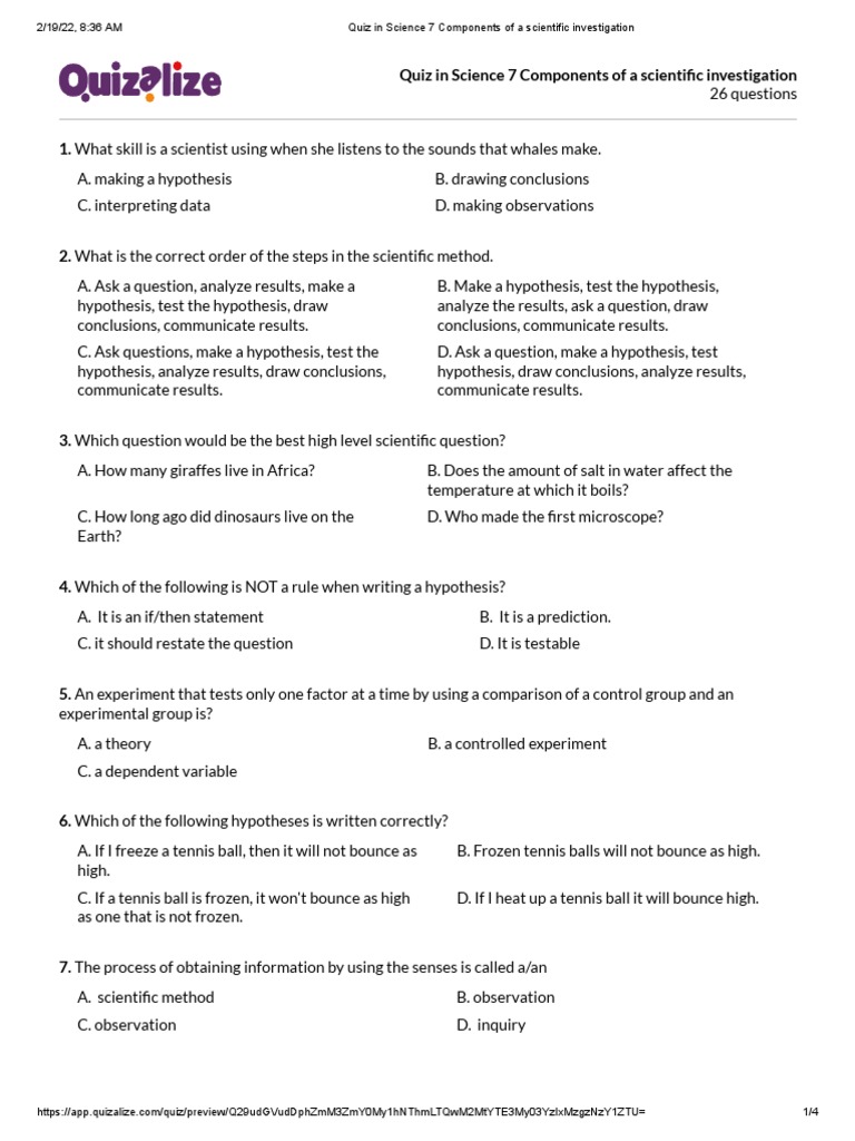 Quiz in Science 7 Components of A Scientific Investigation | PDF ...