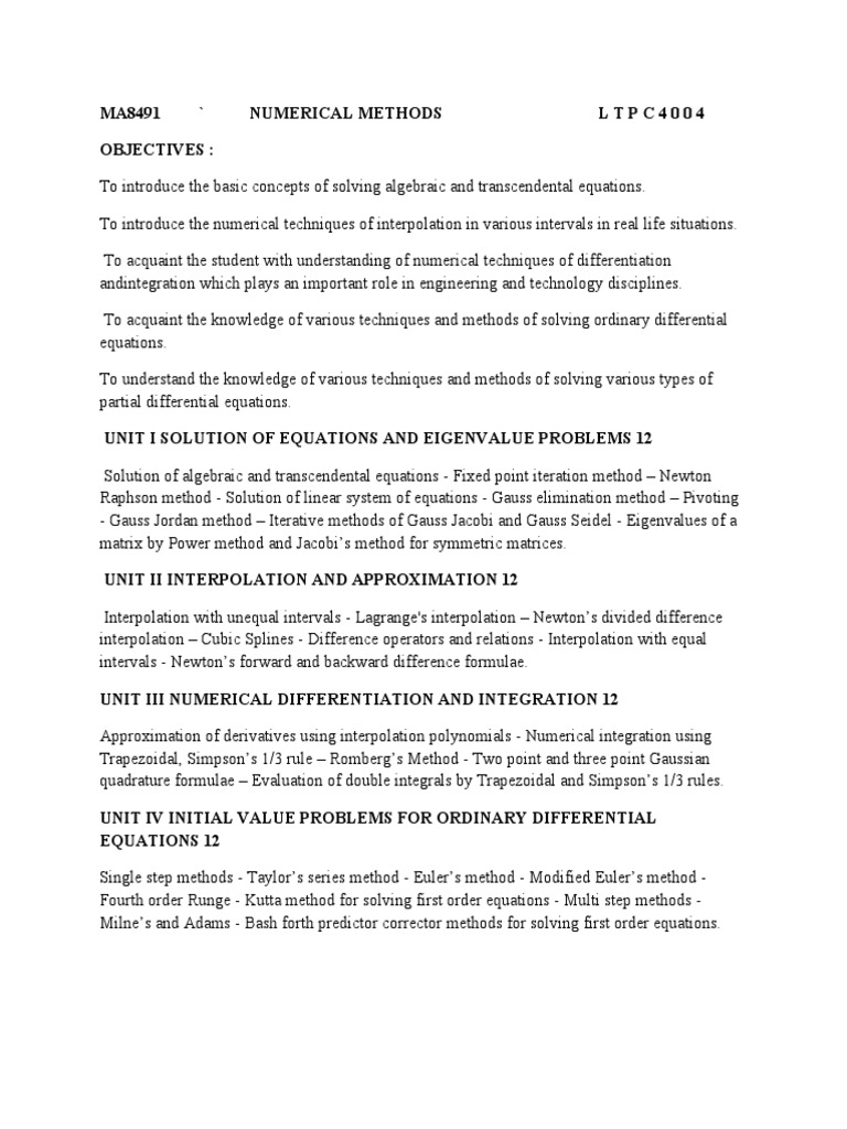 MA8491 Syllabus Numerical Methods | PDF | Numerical Analysis | Finite ...