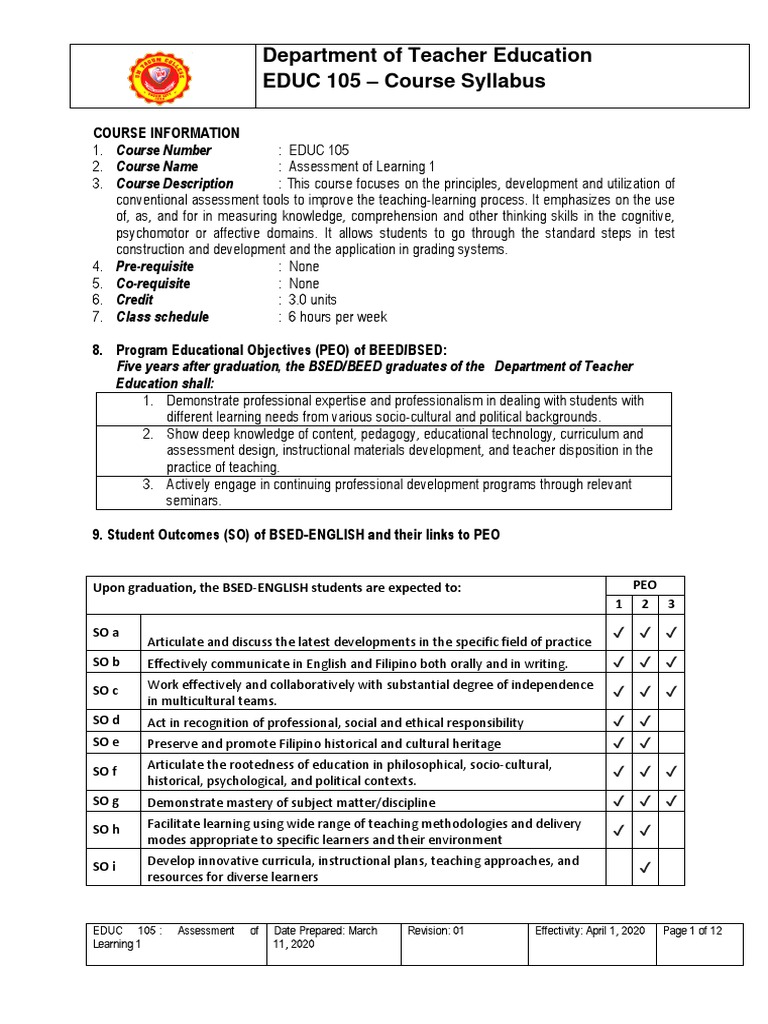 Department of Teacher Education EDUC 105 - Course Syllabus | PDF ...