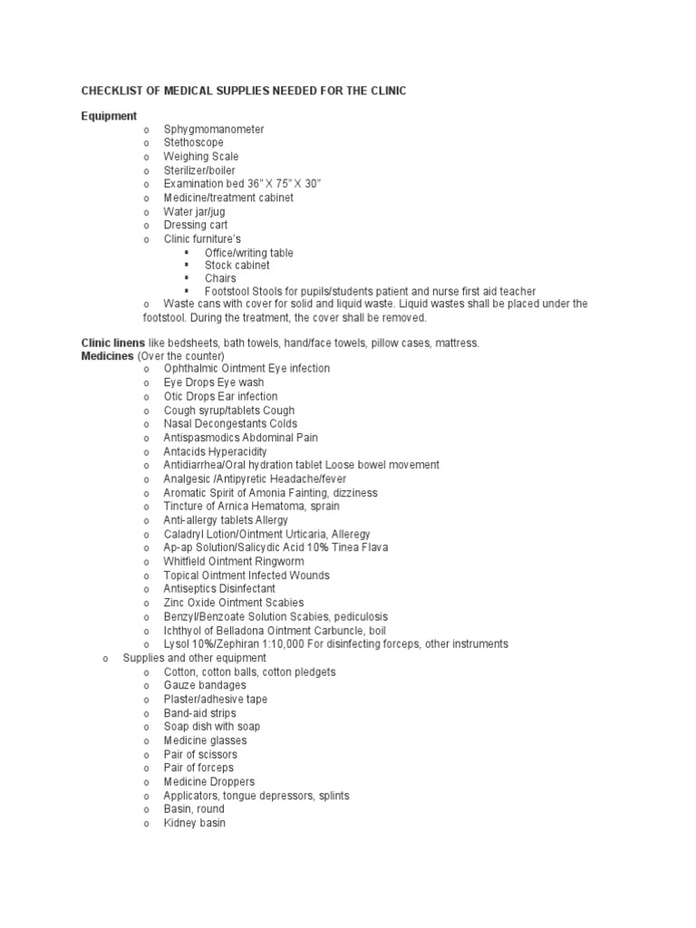 Checklist of Medical Supplies Needed For A Clinic | PDF | Topical ...