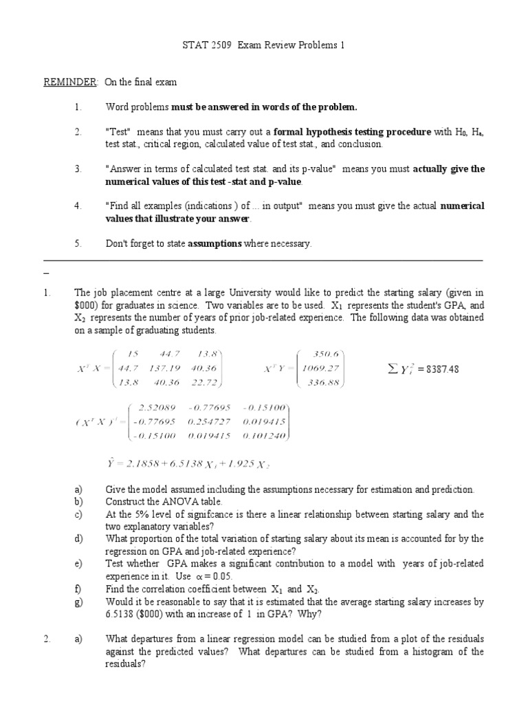 Stat 2509 Exam Review Problems 1 Awoods | PDF | Errors And Residuals | Coefficient Of Determination