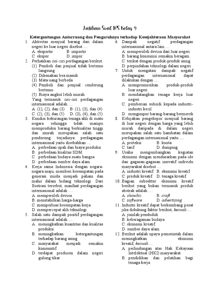 Latihan Soal IPS Kelas 9: Ketergantungan Antarruang Dan Pengaruhnya Terhadap Kesejahteraan ...