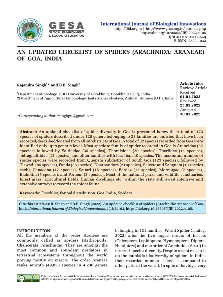 Spider Diversity in Goa, India: Checklist | PDF | Biodiversity | Spider