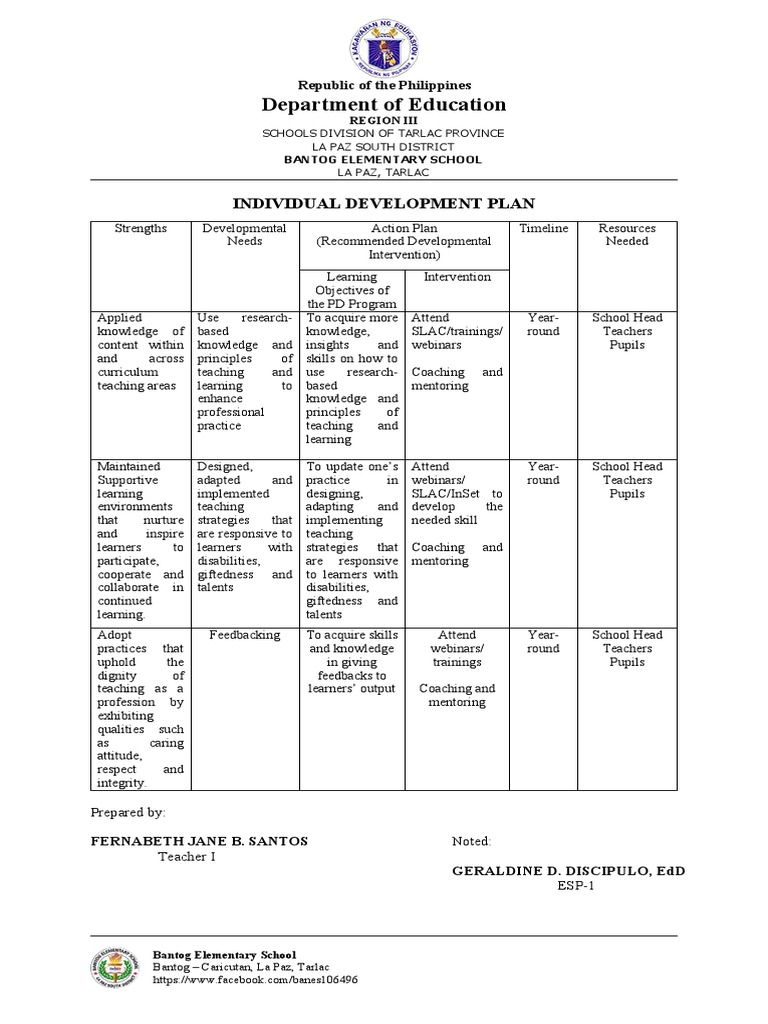 Bantog Elementary School's Individual Development Plan for Teacher ...