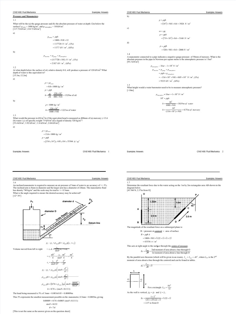 Fluid Statics Examples | PDF | Pressure | Pressure Measurement