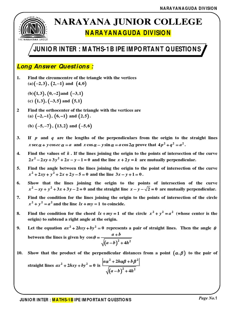 Narayana Junior College: Narayanaguda Division Junior Inter: Maths-1B Ipe Important Questions ...