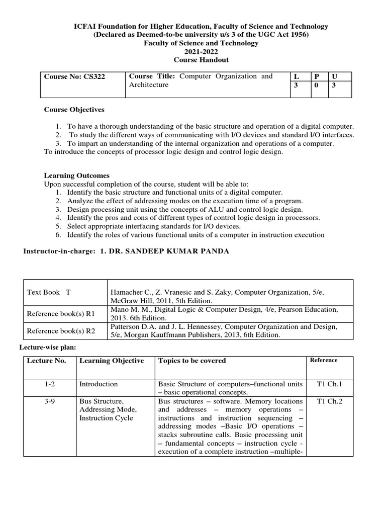 CS322 - Handout Computer Organization and Architecture - Updated | PDF | Central Processing Unit ...