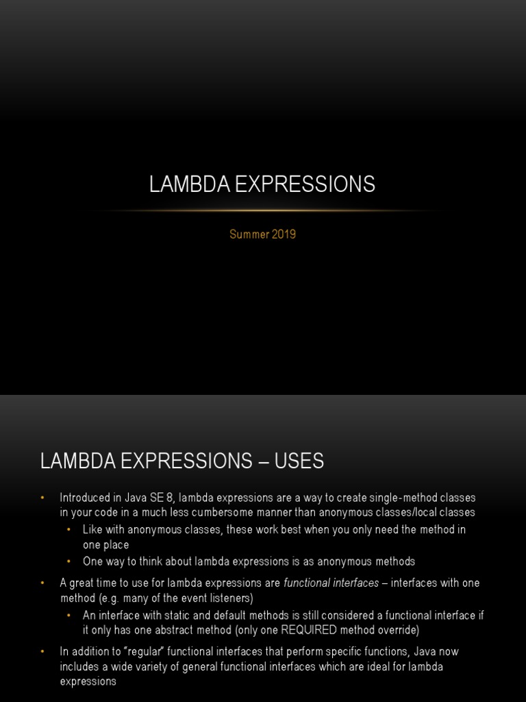 Lambda Expressions Summer 2019 Pdf Anonymous Function Parameter Computer Programming