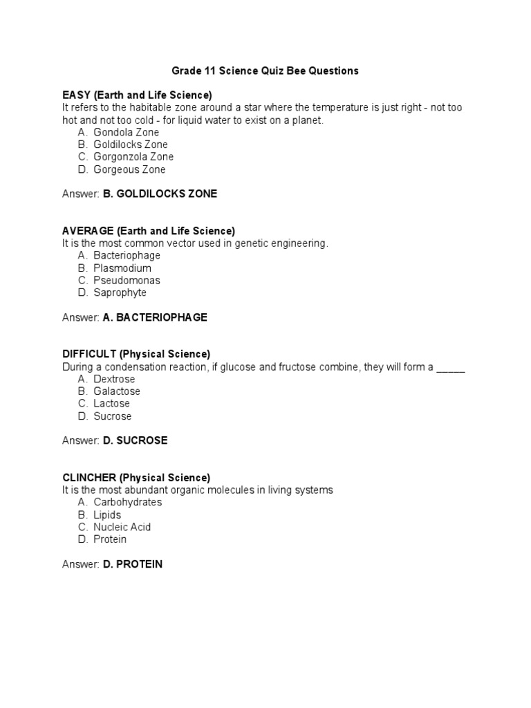 Grade 11 Science Quiz Bee Questions | PDF