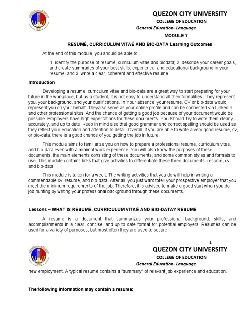 PC Module 7 Resume, CV, Biodata | PDF | Résumé | Cognition