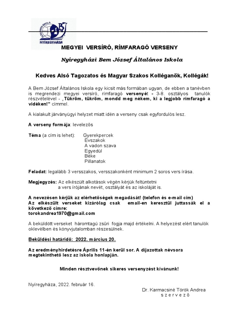 Megyei Versíró Rímfaragó Verseny 2022 | PDF