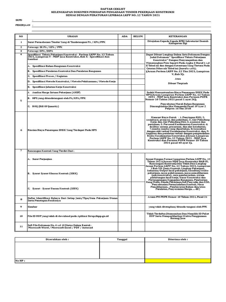 1.1 Daftar Checklist DPP Pekerjaan Konstruksi | PDF