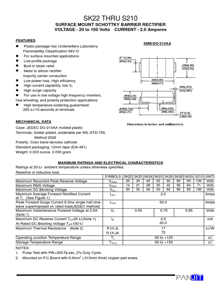 SK22 THRU S210: Surface Mount Schottky Barrier Rectifier VOLTAGE - 20 ...
