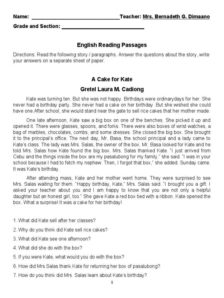 Reading Passages Grade 4 | PDF | Cakes | Baking