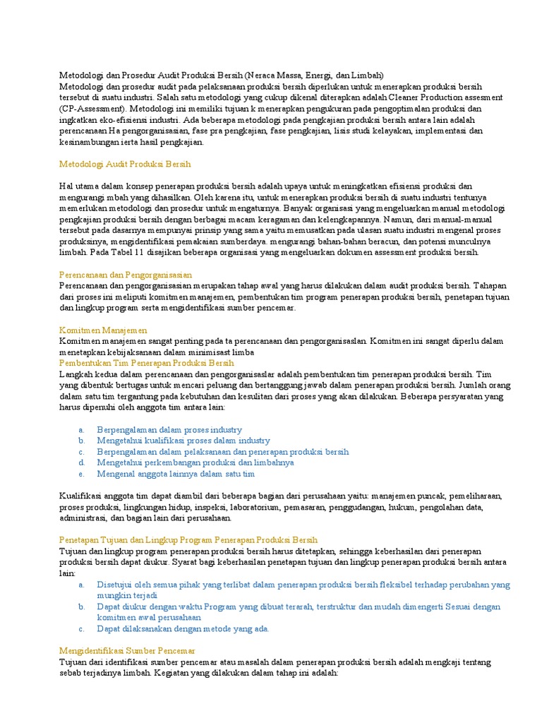 Metodologi Dan Prosedur Audit Produksi Bersih Tugas Estetik | PDF