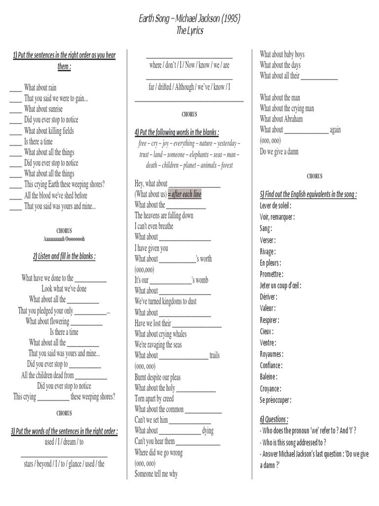 Earth Song Worksheet | PDF