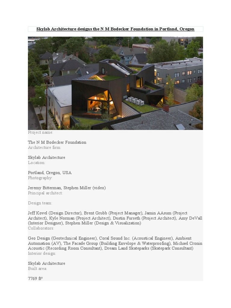 Skylab Architecture Designs The N M Bodecker Foundation in Portland ...