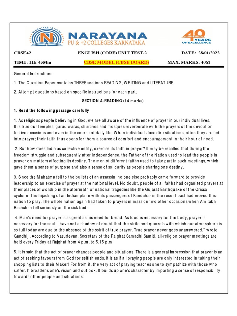 CBSE Class 12 English Unit Test 2 | PDF | Healthy Diet | Foods