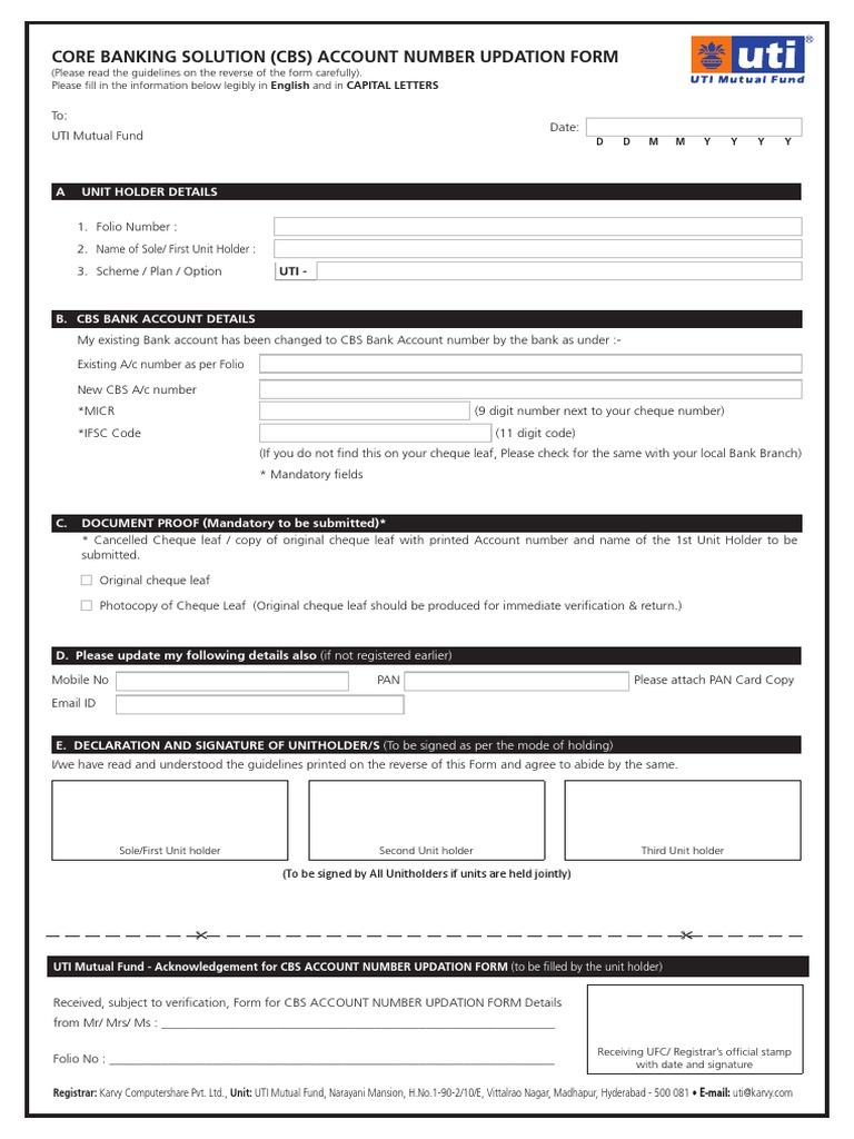 Core Banking Solution (CBS) Account Number Updation Form: D D M M Y Y Y Y | PDF | Cheque ...