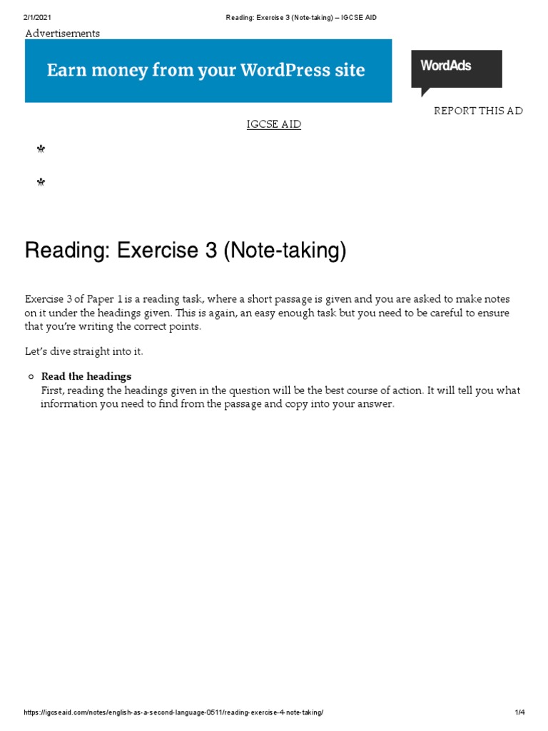 Reading - Exercise 3 (Note-Taking) - IGCSE AID | PDF | Human ...