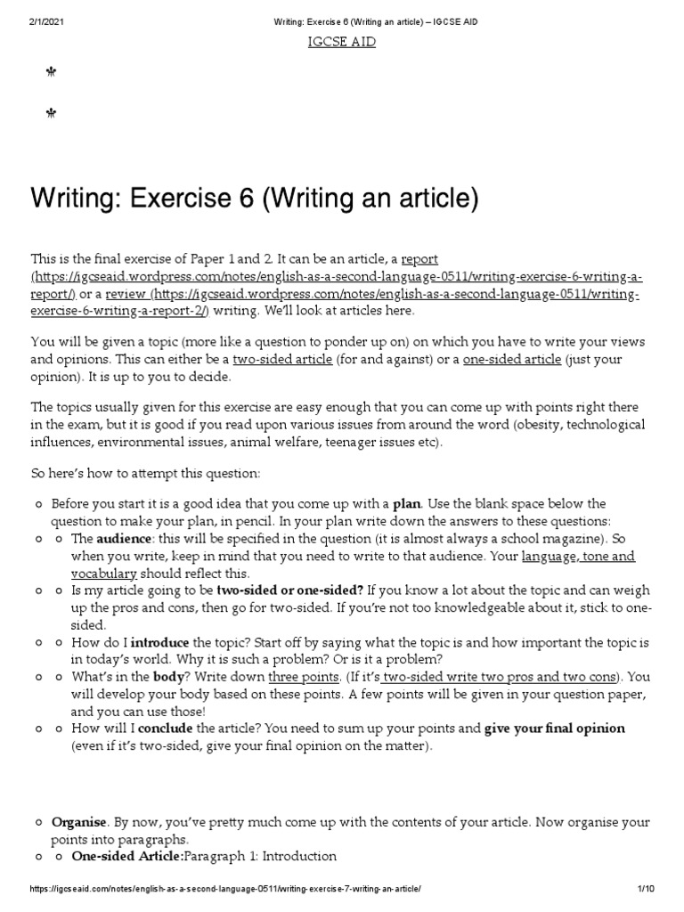 Writing - Exercise 6 (Writing An Article) - IGCSE AID | PDF | English ...