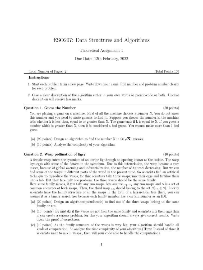 ESO207: Data Structures and Algorithms: Theoretical Assignment 1 Due Date: 12th February, 2022 ...