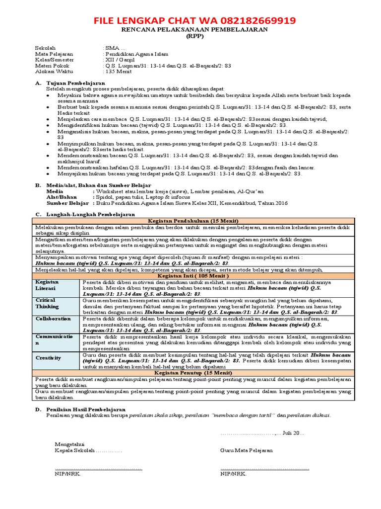 Contoh RPP 1 Lembar PAI 12 | PDF | Karier & Perkembangan