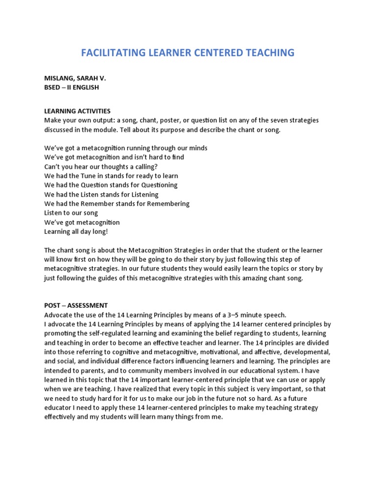 Prelim Facilitating Answer | PDF | Metacognition | Learning