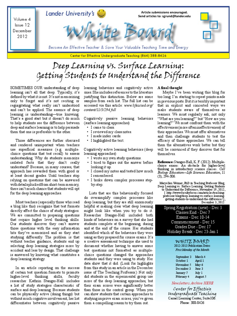 Deep Learning vs. Surface Learning - Getting Students To Understand The ...