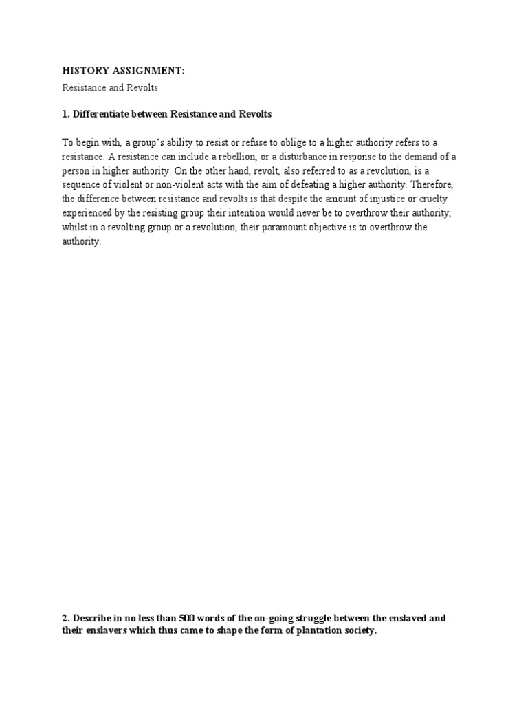 Resistance and Revolts Assignment | PDF | Slavery | Rebellions
