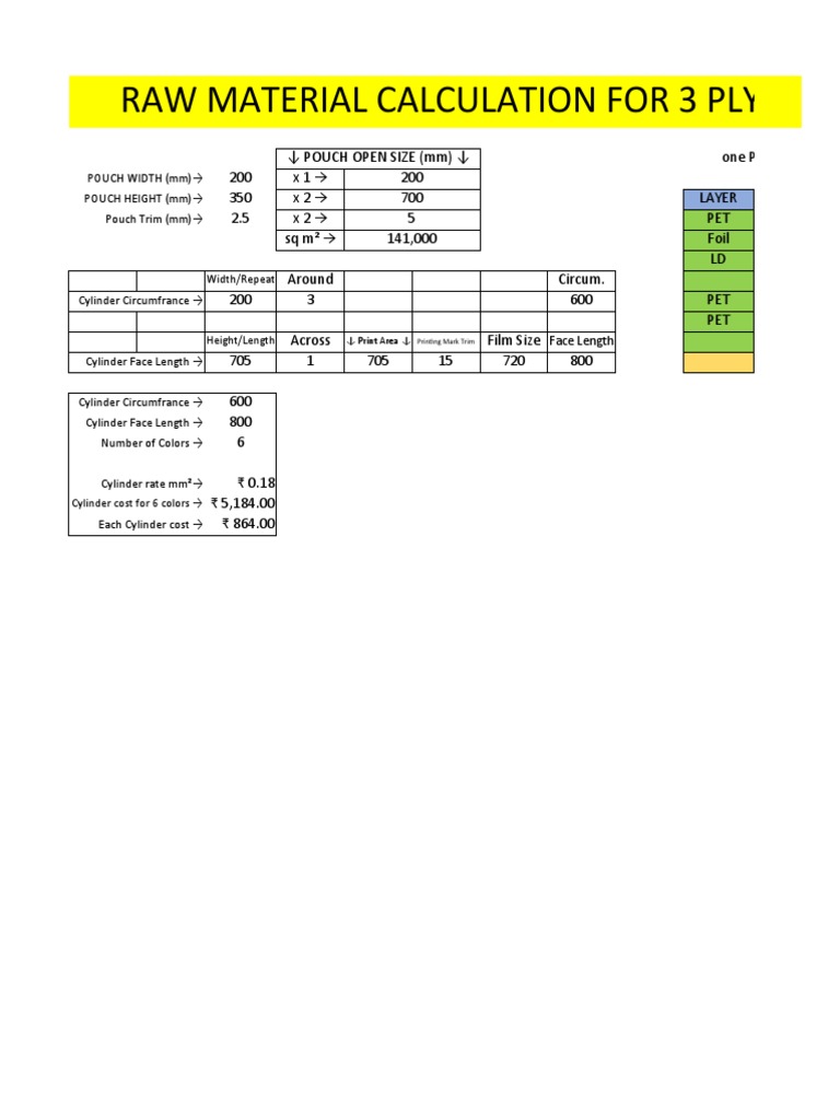 Raw Material Calculation For 3 Ply Pouch Job and Film Size | PDF ...
