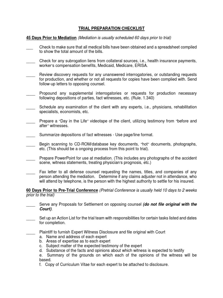 Trial Preparation Checklist Guide | PDF | Discovery (Law) | Deposition ...
