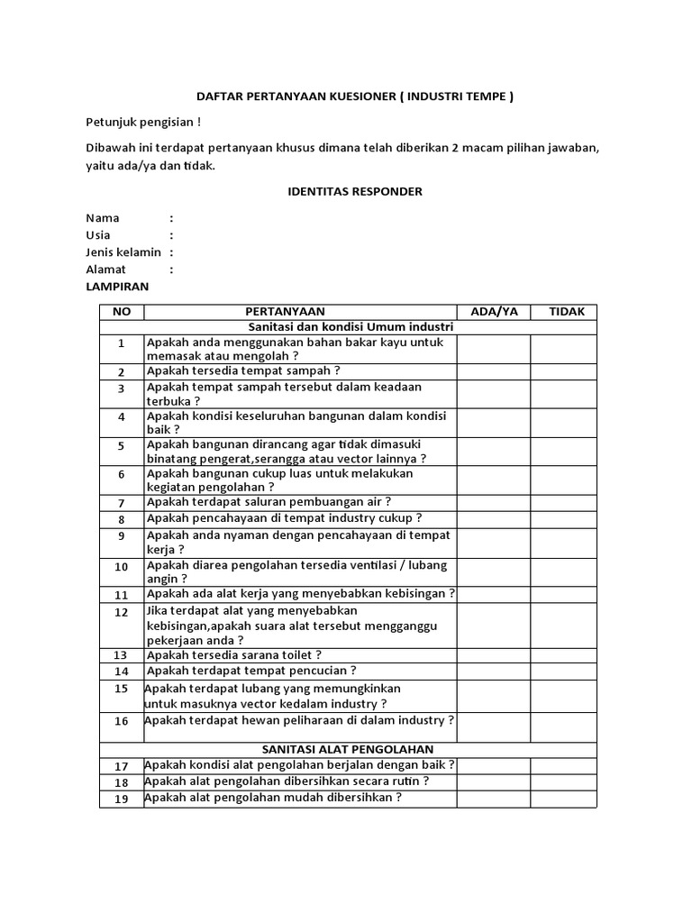 Daftar Pertanyaan Kuesioner | PDF